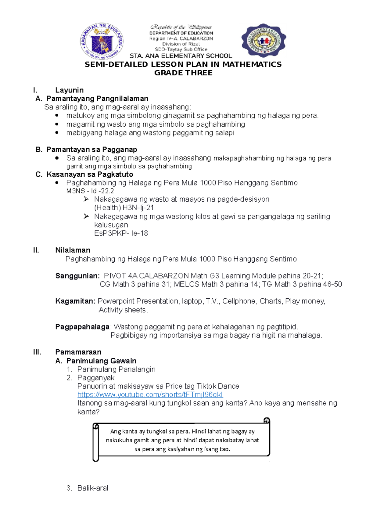Lesson Plan in Math 3 COT 1: Comparing Monetary Values - Week 4 - Studocu