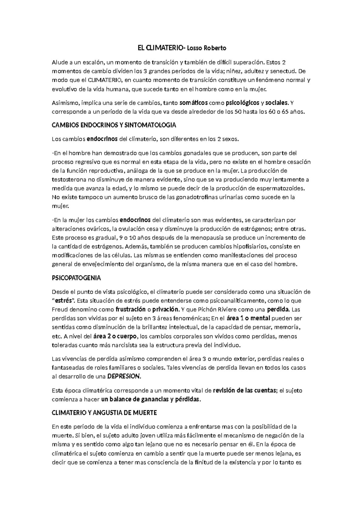 EL Climaterio PE - Apuntes - EL CLIMATERIO- Losso Roberto Alude a un ...
