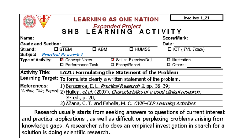 Prac Res 1 LAS 21: Formulating the Statement of the Problem - Studocu