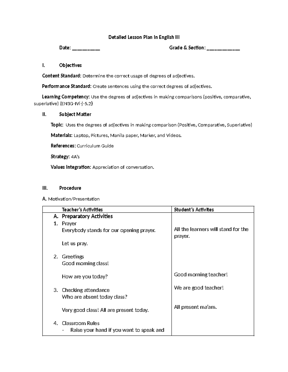 Detailed Lesson Plan: Degrees of Adjectives (English III) - Studocu