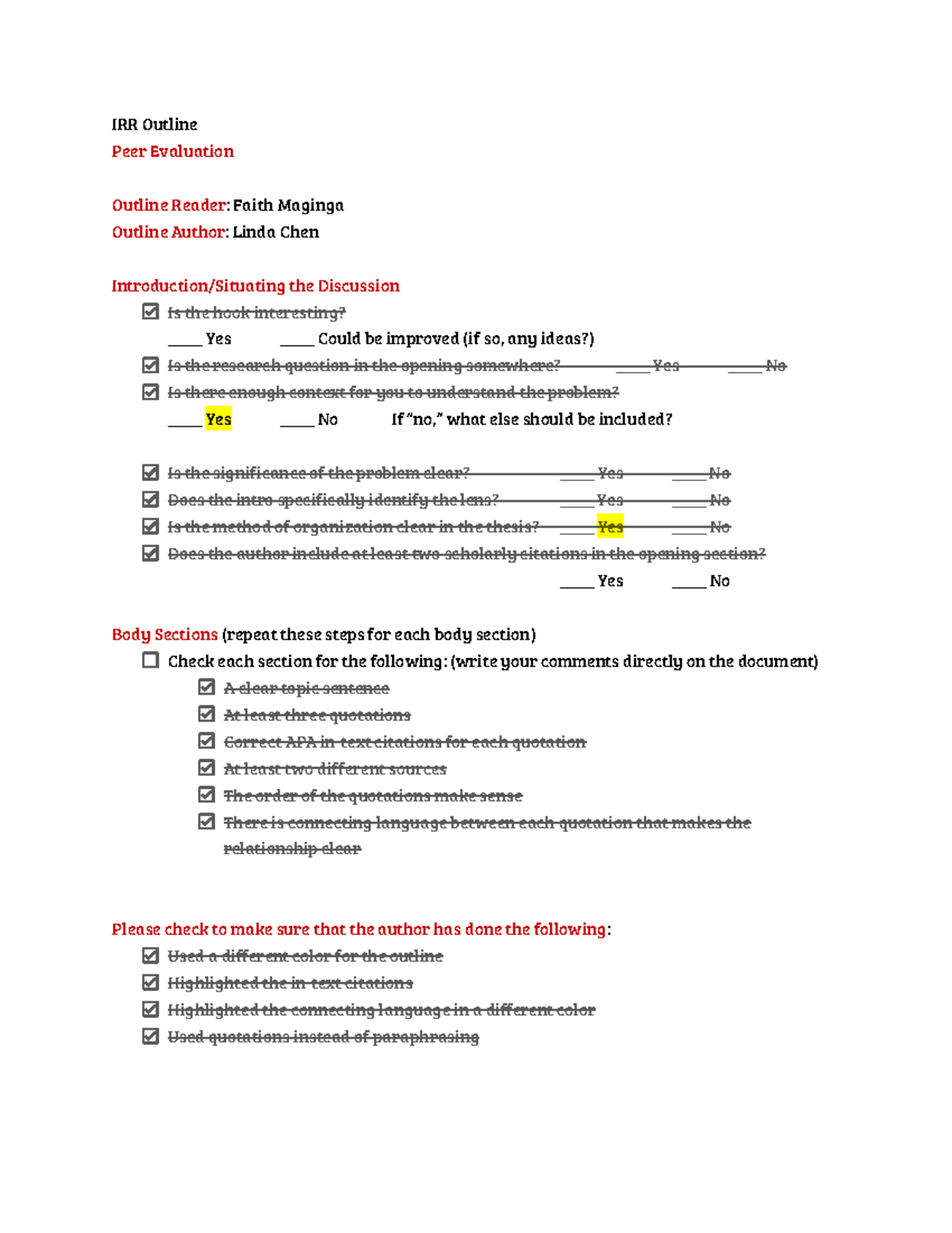 IRR Outline Peer Evaluation Feedback - Linda Chen - Studocu
