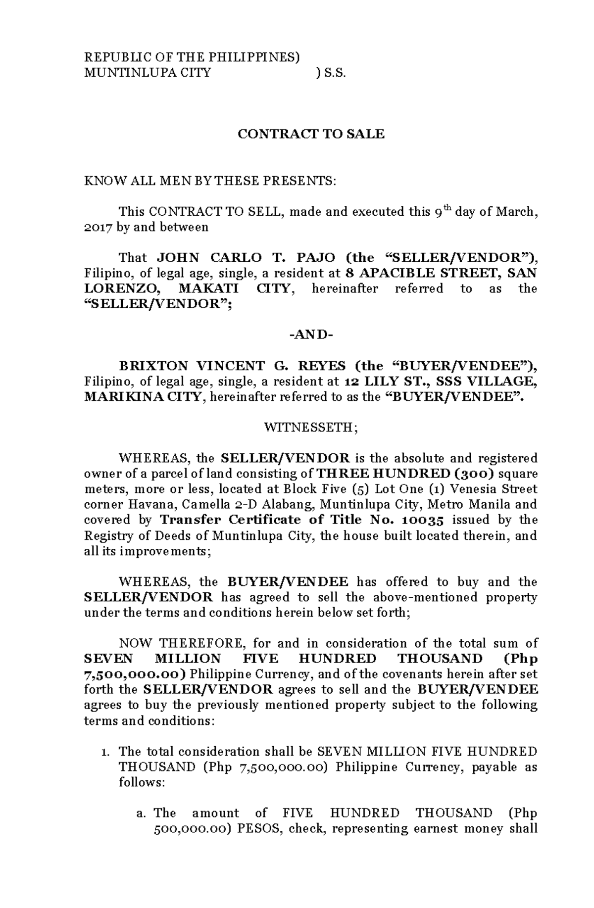 348638234 Contract to Sell: House & Lot Agreement in Muntinlupa - Studocu