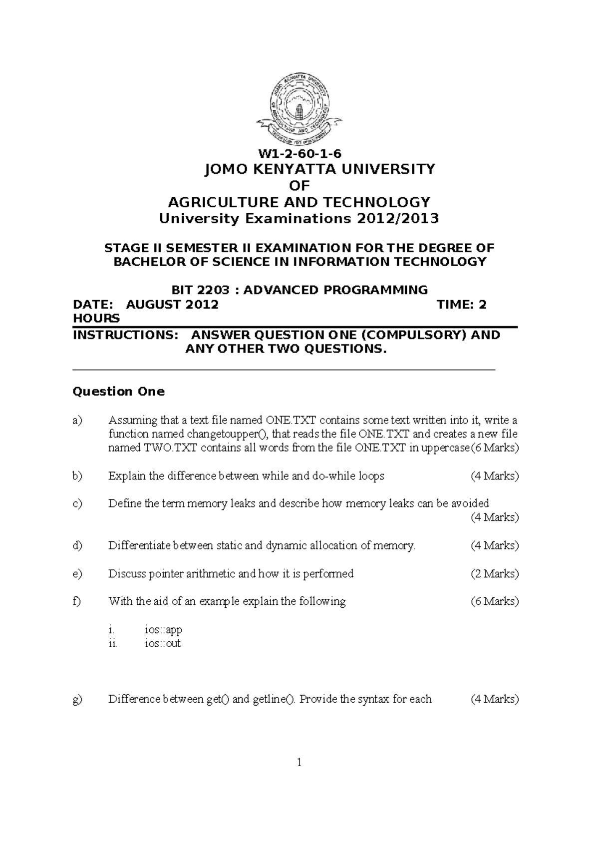 BIT 2203 Advanced Programming - W1-2-60-1- JOMO KENYATTA UNIVERSITY OF ...
