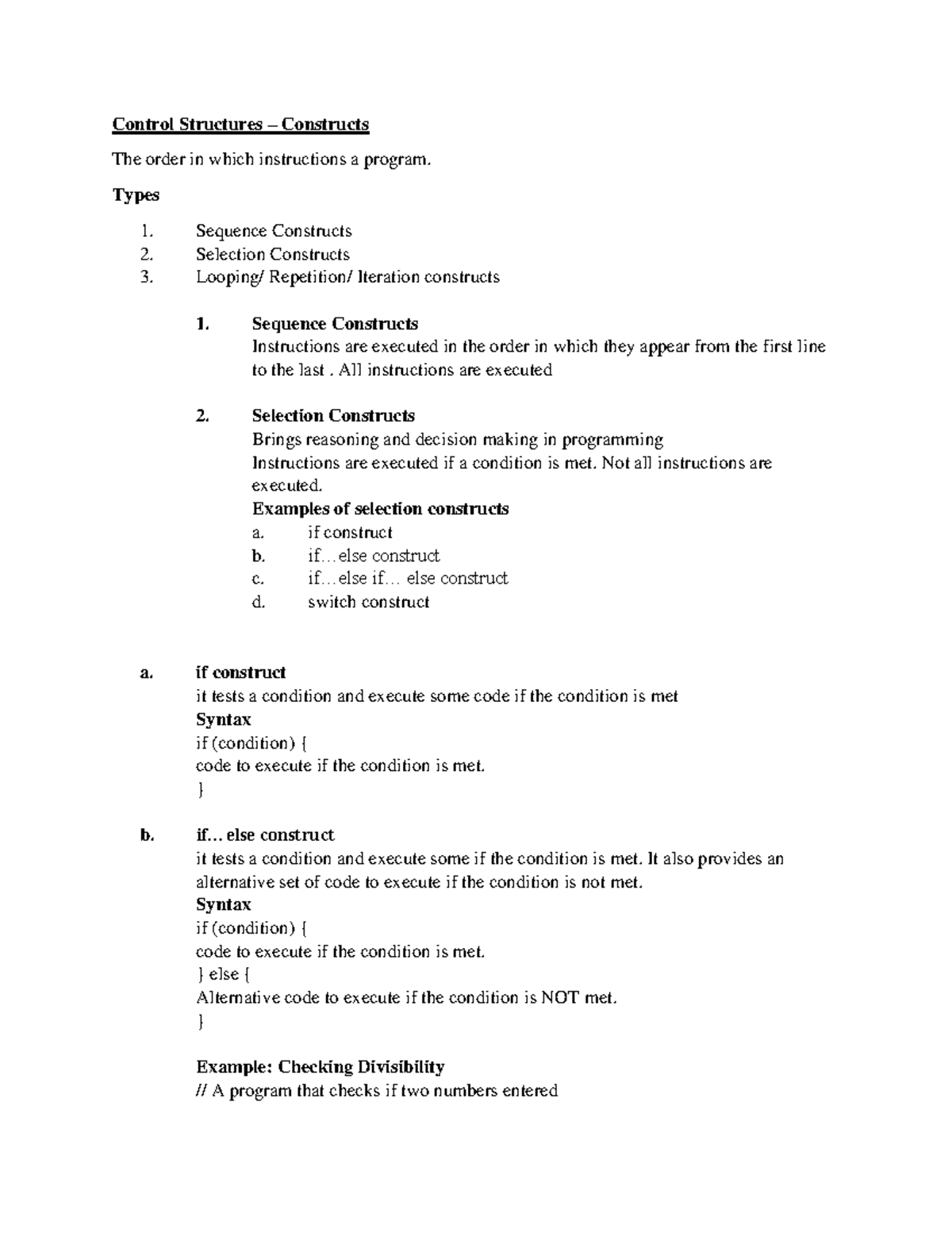 C Programming Constructs: Control Structures & Examples - Studocu