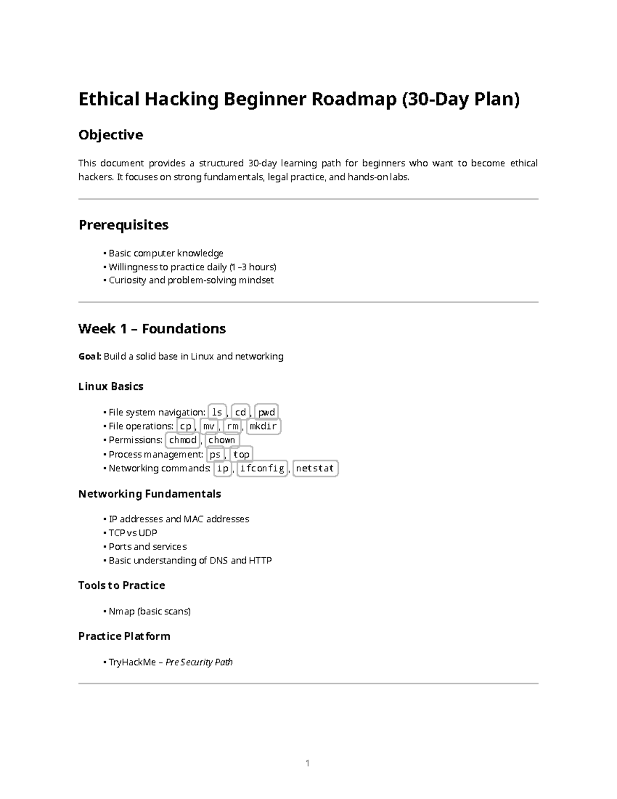Ethical Hacking Beginner Roadmap (30-Day Learning Plan) - Studocu