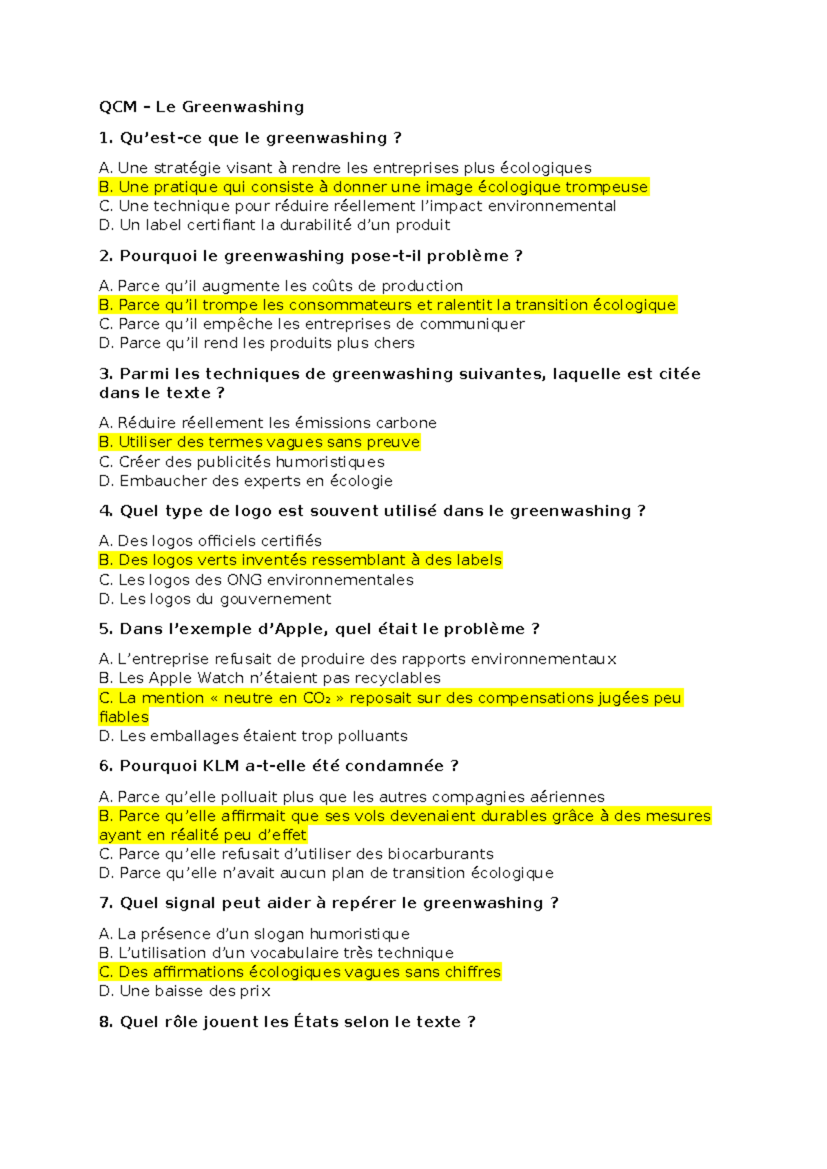 QCM Greenwashing - Questions et Réponses sur le Greenwashing - Studocu
