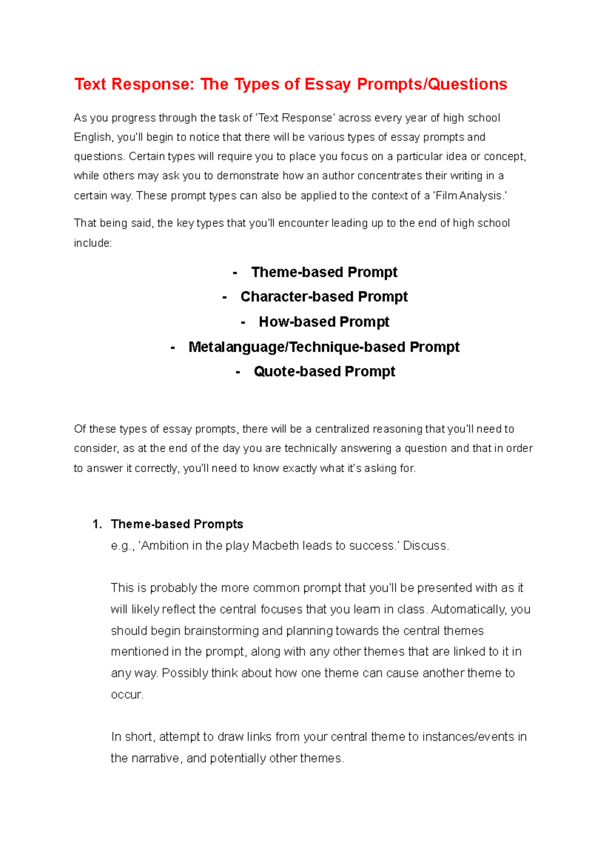 Text Response: Types of Essay Prompts for High School English - Studocu