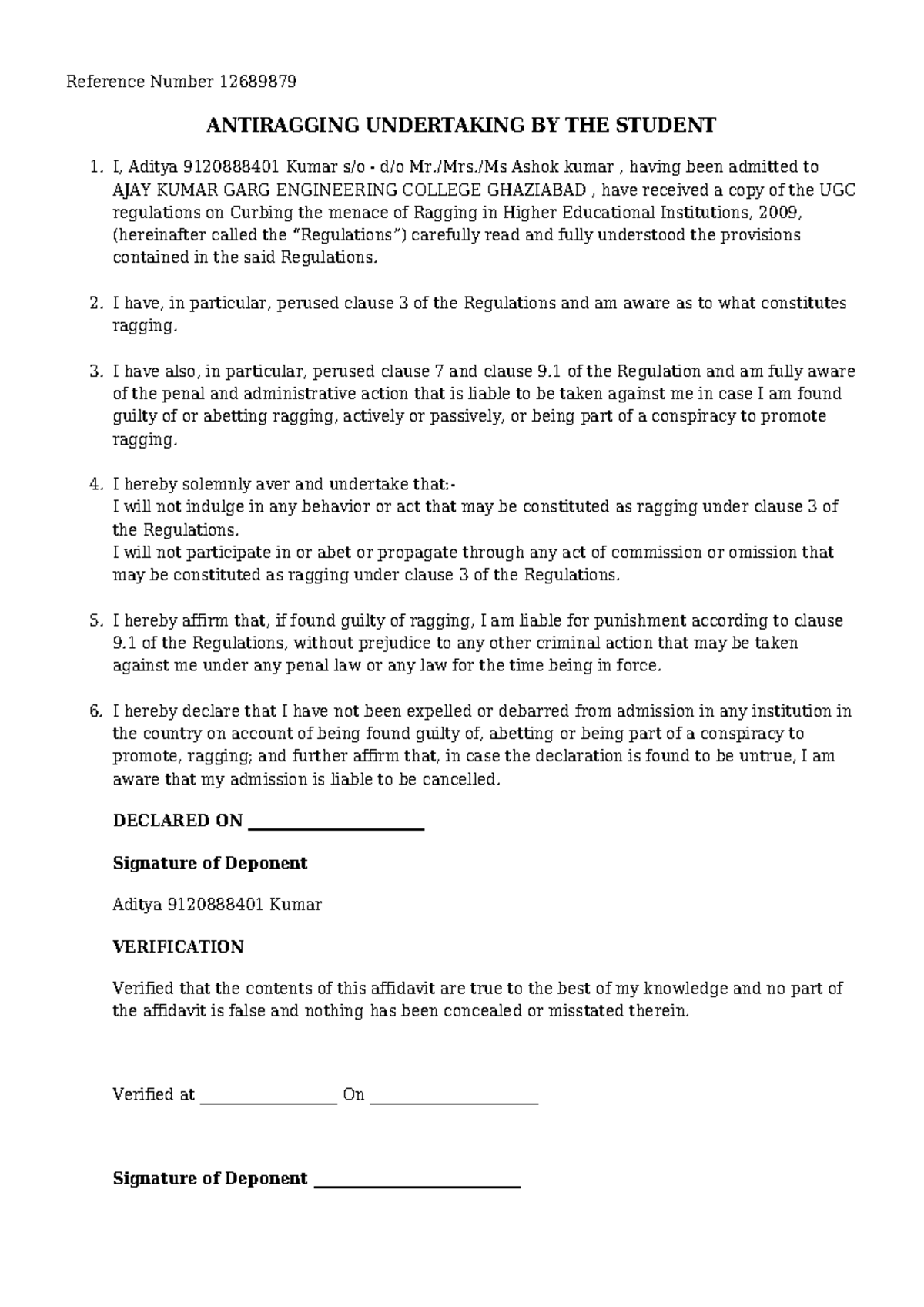 Antiragging Undertaking Form - AJAY KUMAR GARG ENG COLLEGE - Studocu