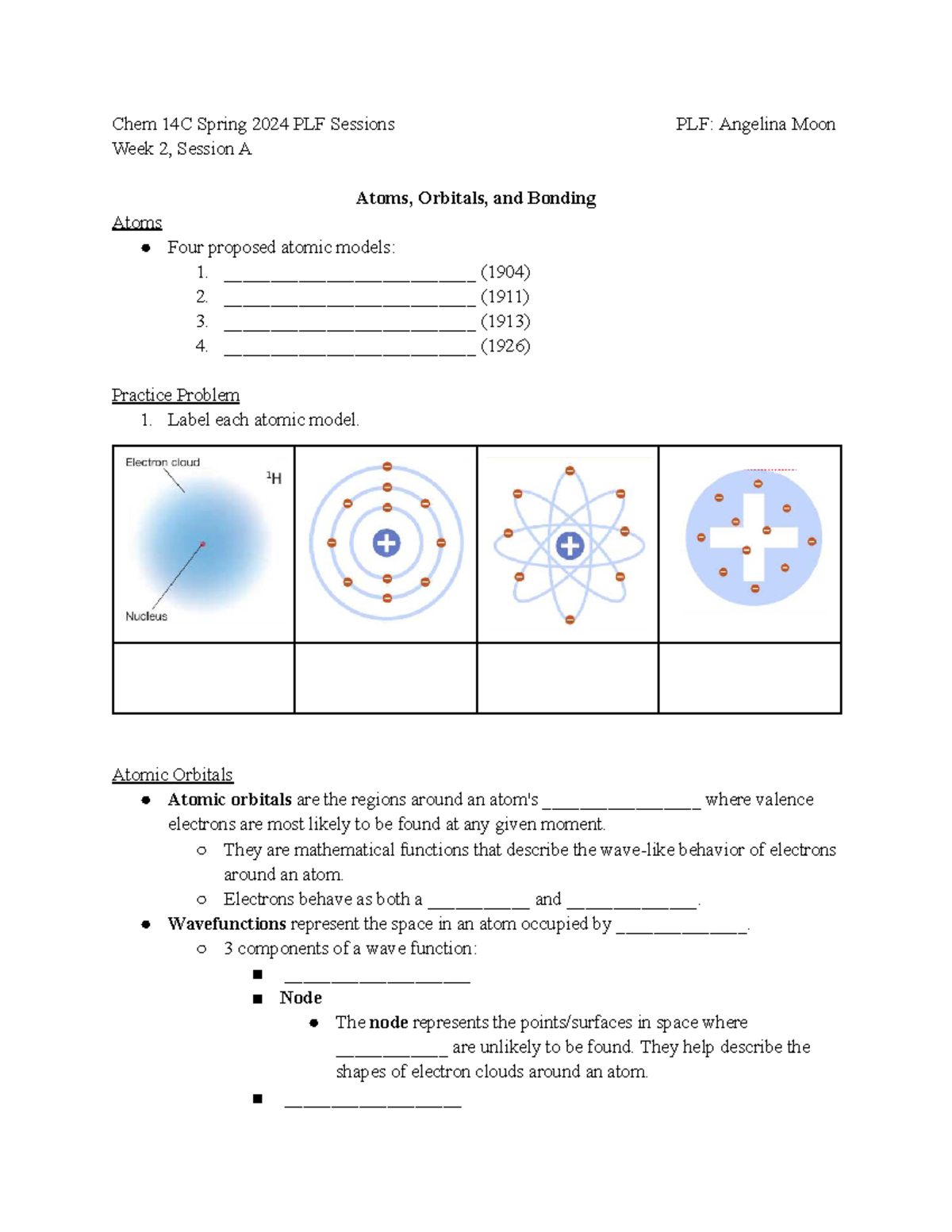 Chem 14C Spring 2024 PLF Week 2: Atoms, Orbitals, and Bonding - Studocu