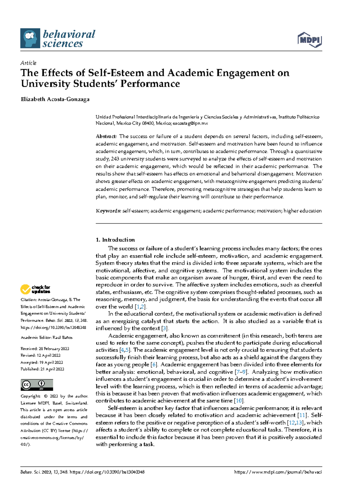 The Effects of Self-Esteem and Academic Engagement on University ...
