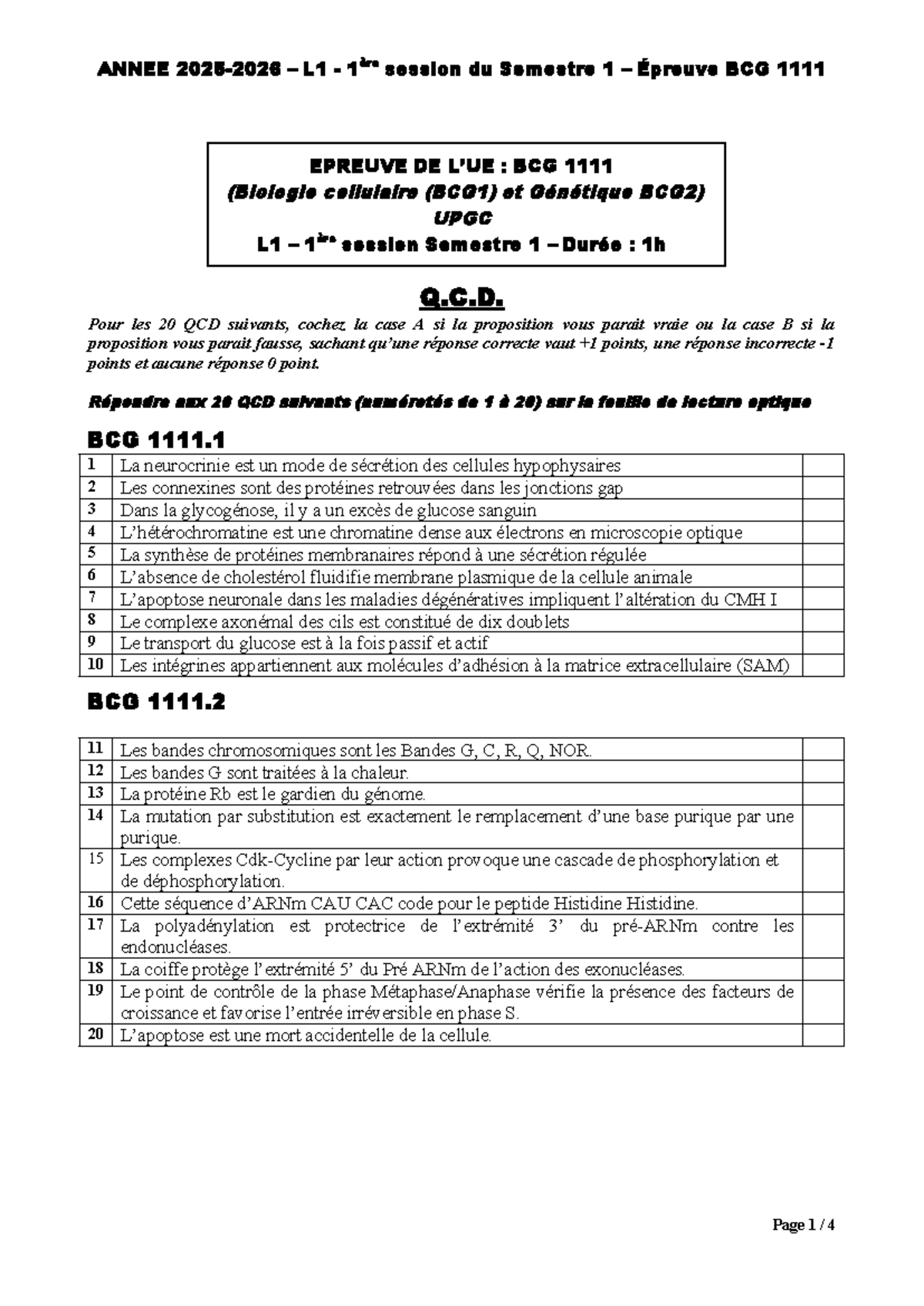 Épreuve BCG 1ère Session 2025-2026 - QCD et QCM Biologie Cellulaire et ...