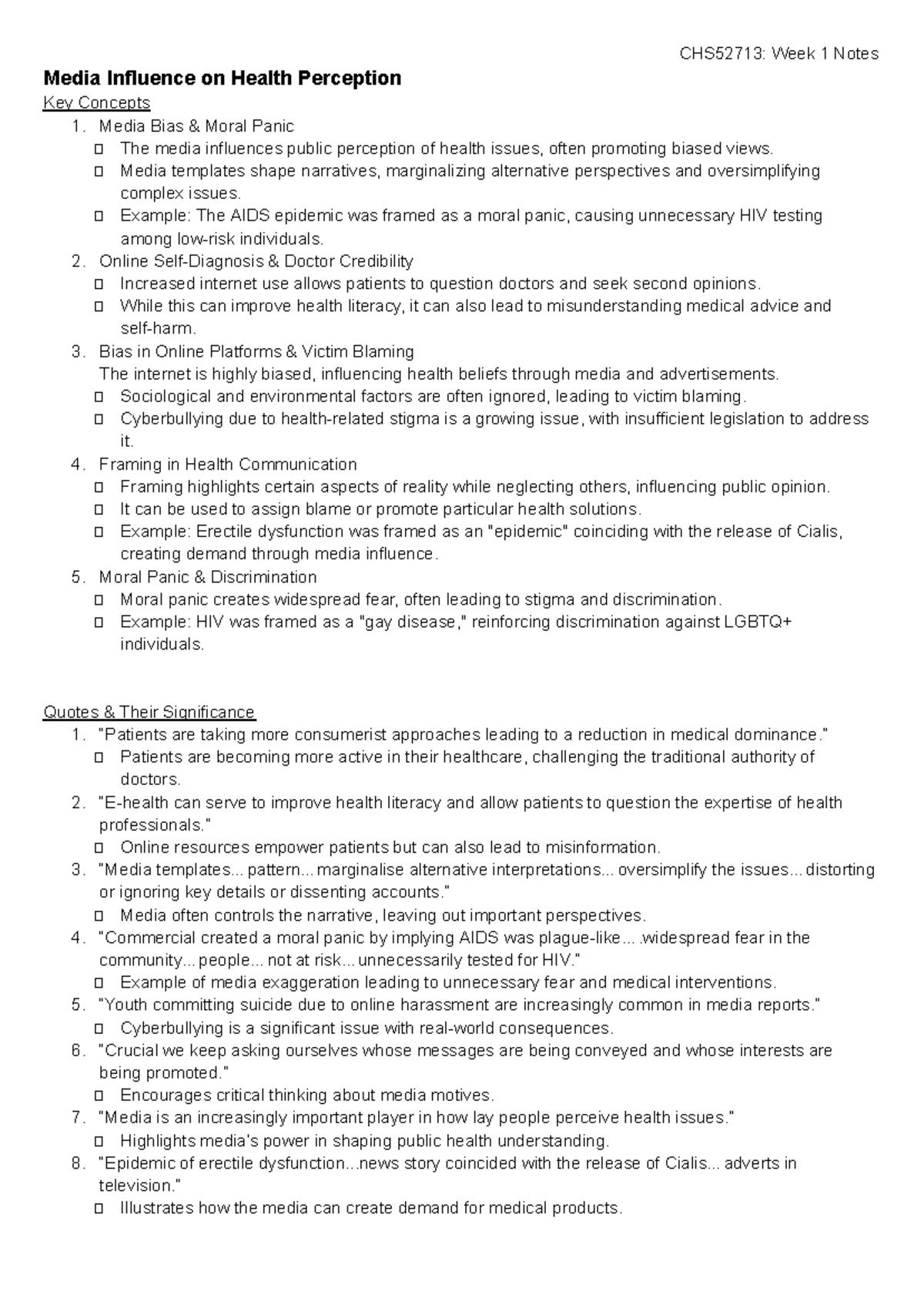 CHS52713: Week 1 Notes on Media Influence & Health Perception - Studocu