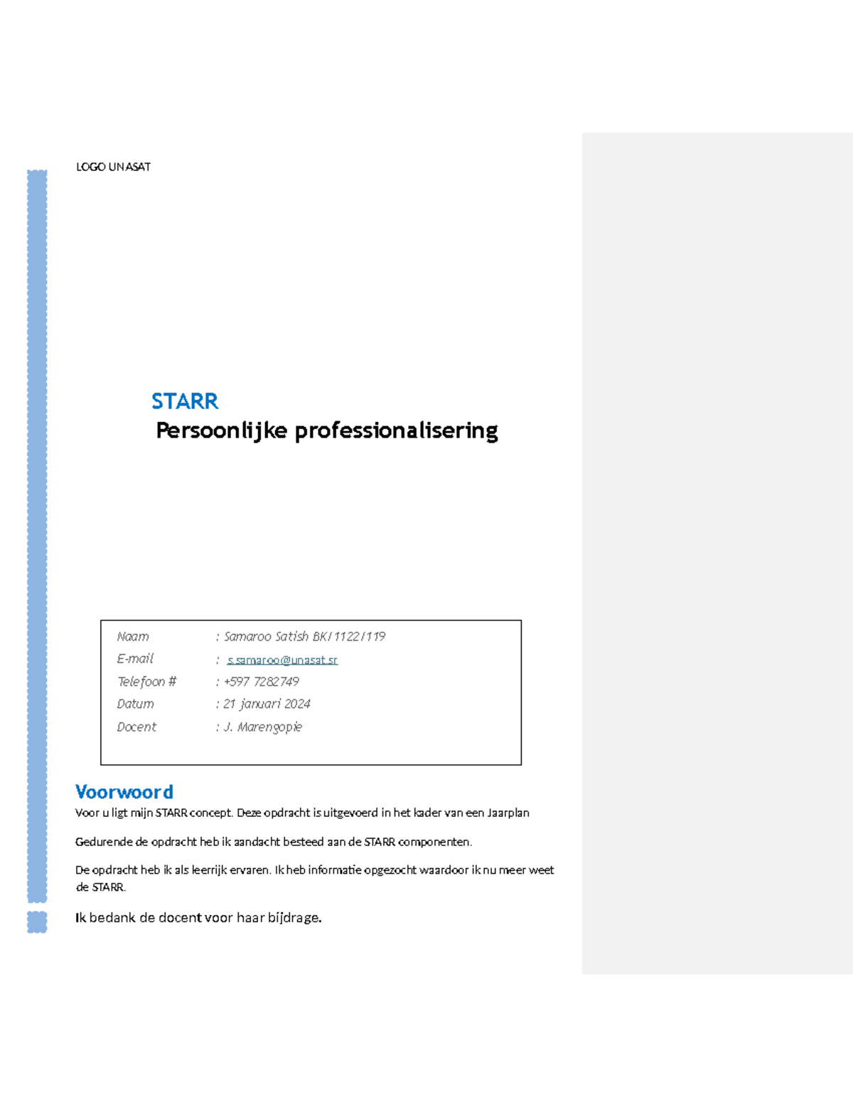 STARR Concept Verslag - Jaarplan - UNASAT - Satish Samaroo - Studocu