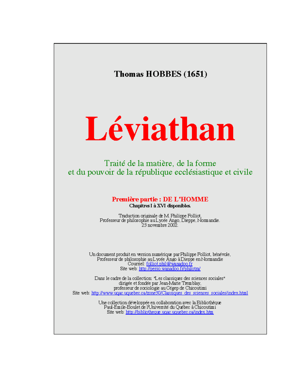 Hobbes - Léviathan : 1ère Partie, Chapitres XIII et XIV - Analyse et ...
