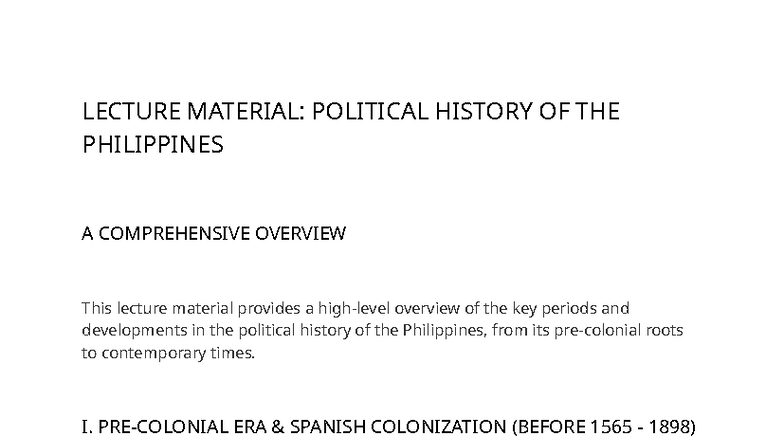 LECTURE MATERIAL: PHILIPPINE POLITICAL HISTORY OVERVIEW - Studocu