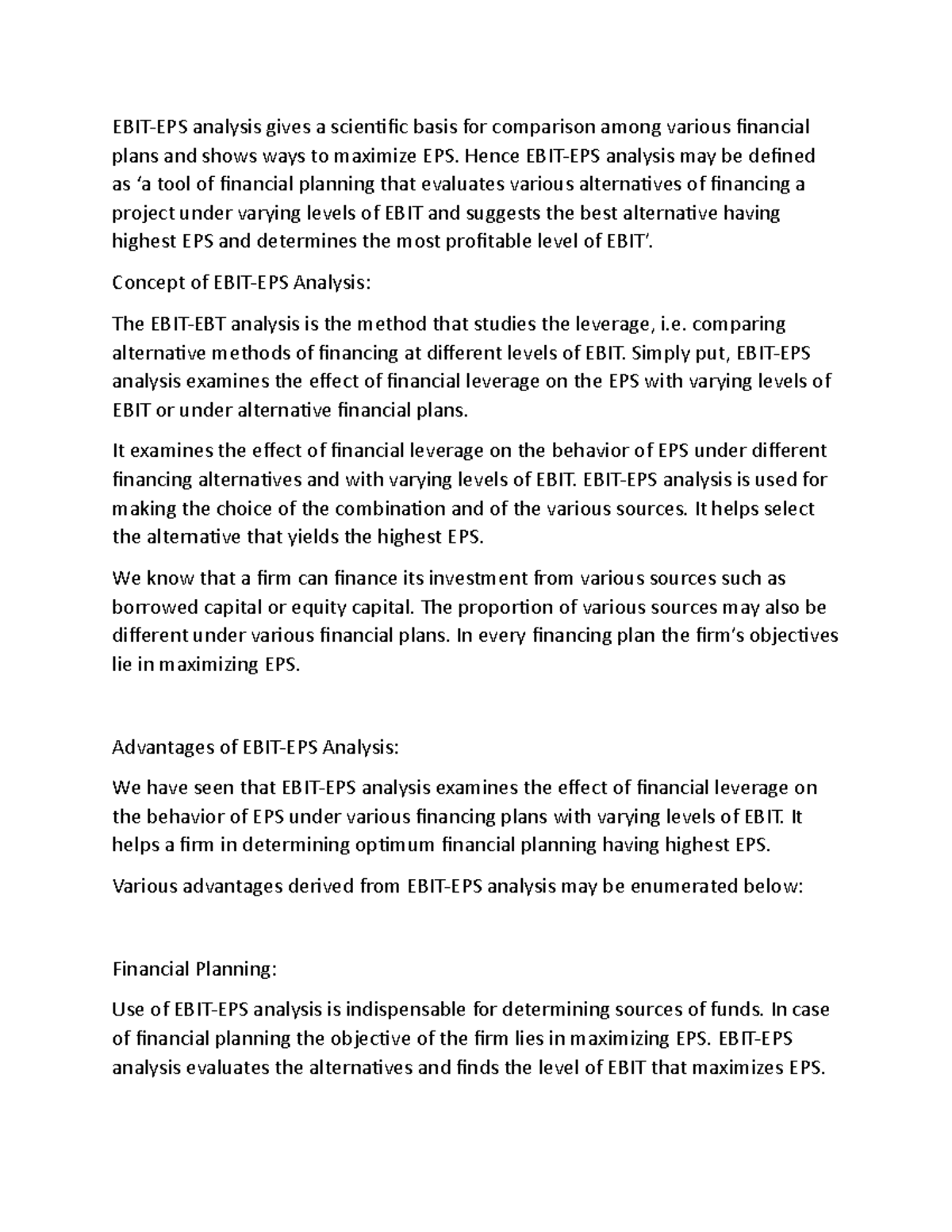 EBIT-EPS Analysis: Evaluating Financial Leverage for Maximum EPS - Studocu