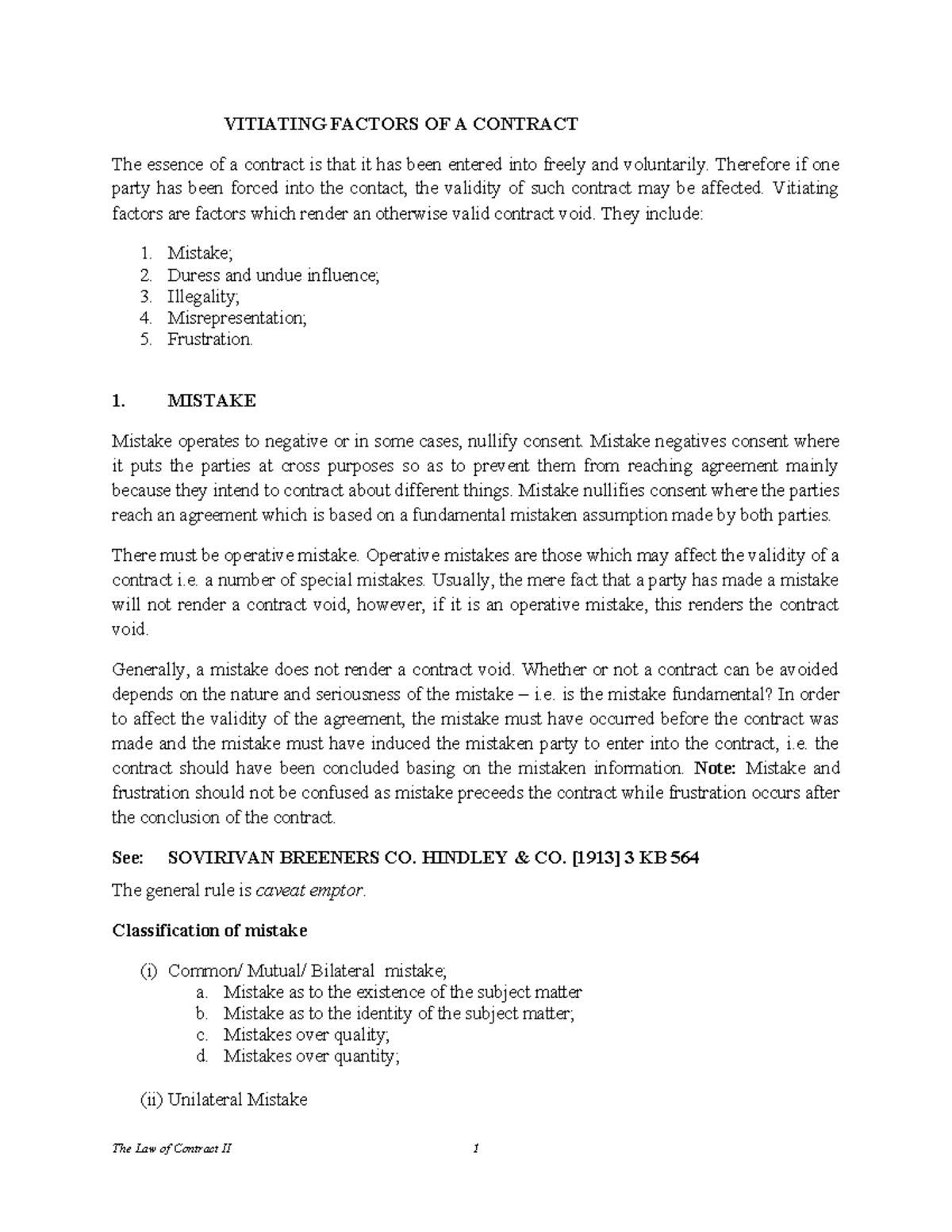 Mistake - Summary of Vitiating Factors in Contract Law (LAW 101) - Studocu
