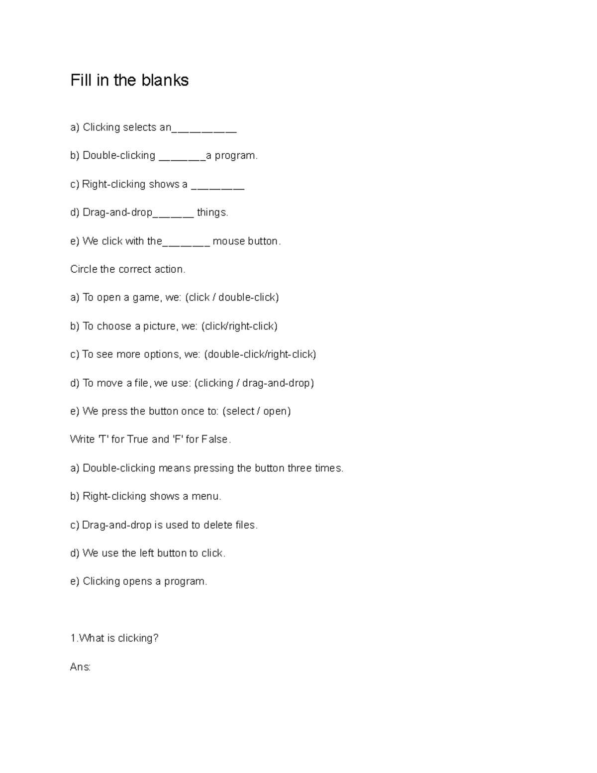 Computer Science Worksheet: Clicking and Cleanliness Activities - Studocu