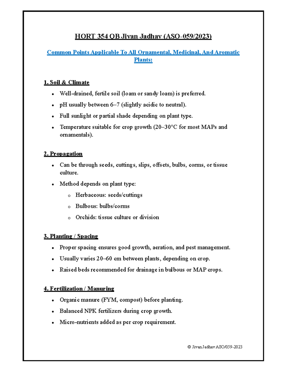 HORT 354 Jivan Jadhav - Key Insights on Ornamental, Medicinal, and Aromatic - Studocu