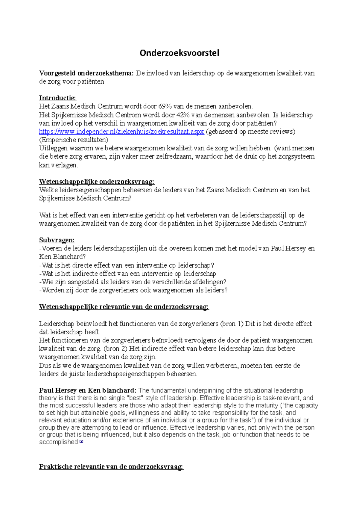 Onderzoeksvoorstel: Leiderschap en Kwaliteit van Zorg in Medische ...