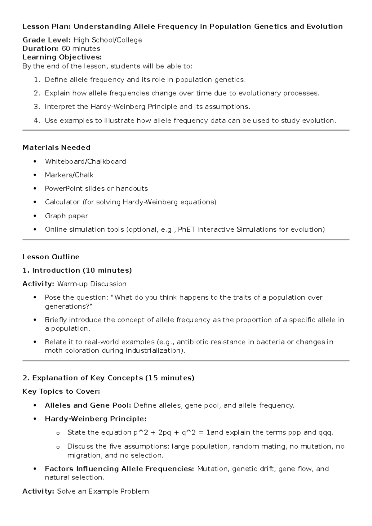 Lesson Plan - Topic 3 - Hardy-Weinberg - Lesson Plan: Understanding ...