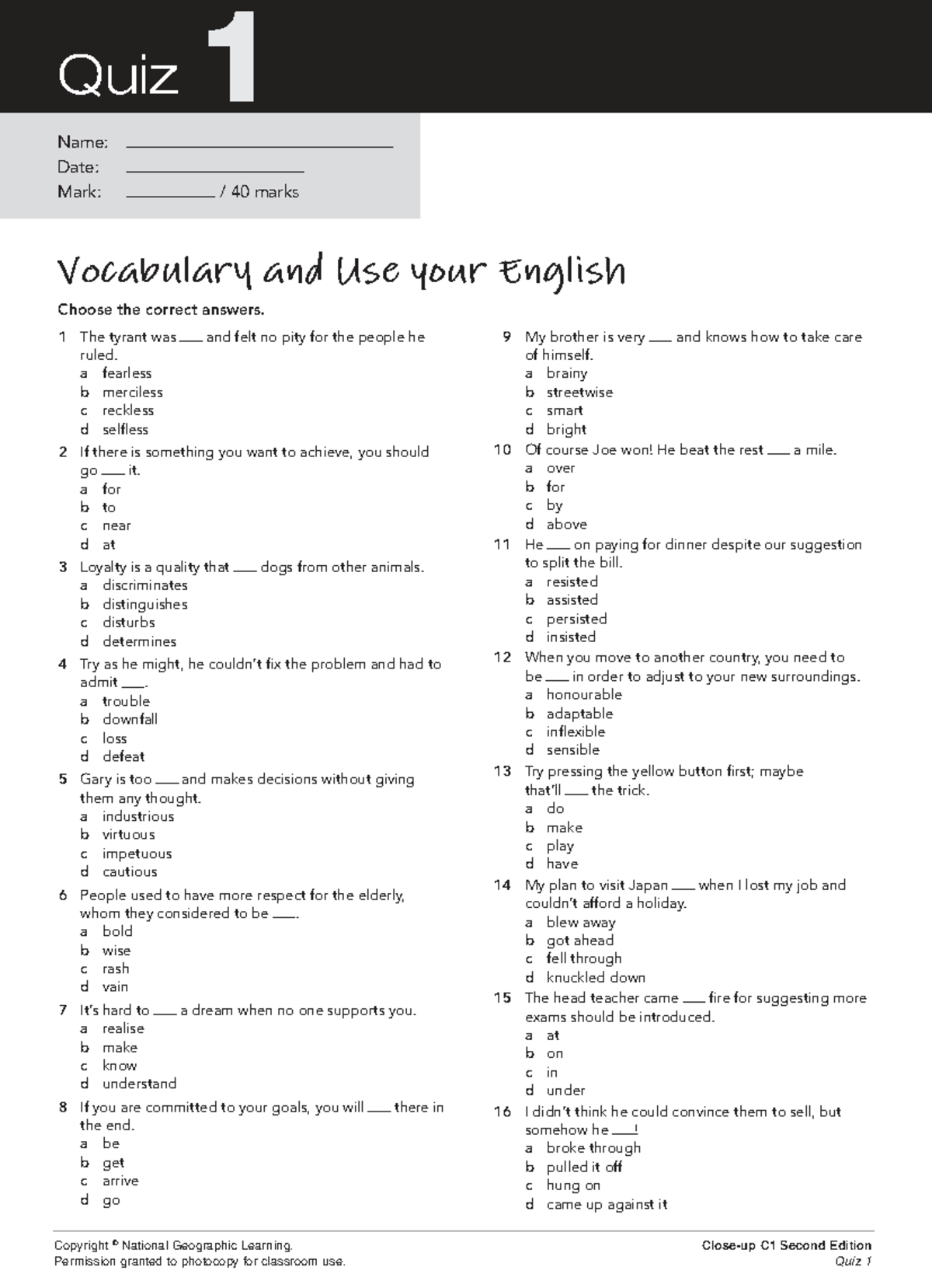 C1 Quiz 1: Vocabulary and Grammar Practice Questions - Studocu