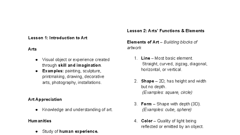 Lesson 2: Functions of Art and Key Artists Overview (ART101) - Studocu