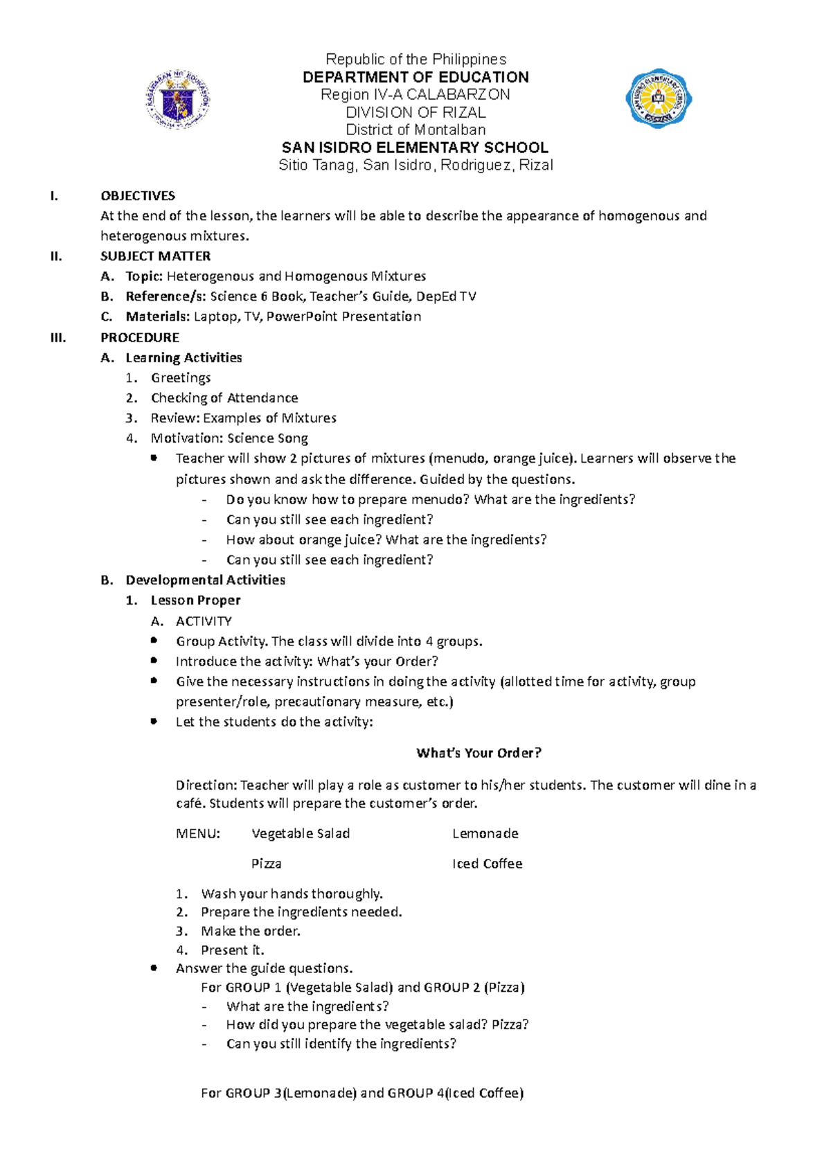 CO 1 2023 2024 - Detailed Lesson Plan on Mixtures for Science 6 - Studocu