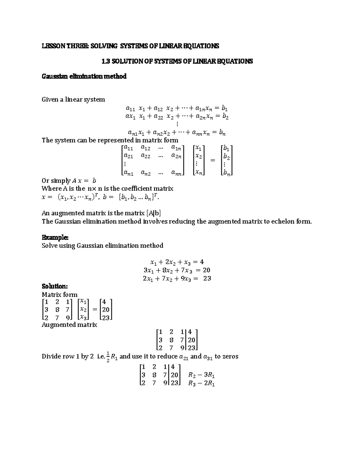 MATH 101: Lesson 3 - Solving Systems of Linear Equations - Studocu