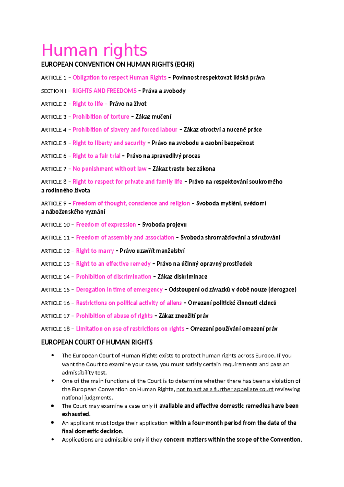 ECHR Human Rights Overview: Articles 1-18 & Legal Framework (Anj IV ...