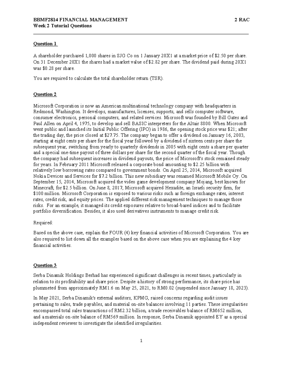 BBMF2814 Week 2 Tutorial Questions on Financial Management - Studocu