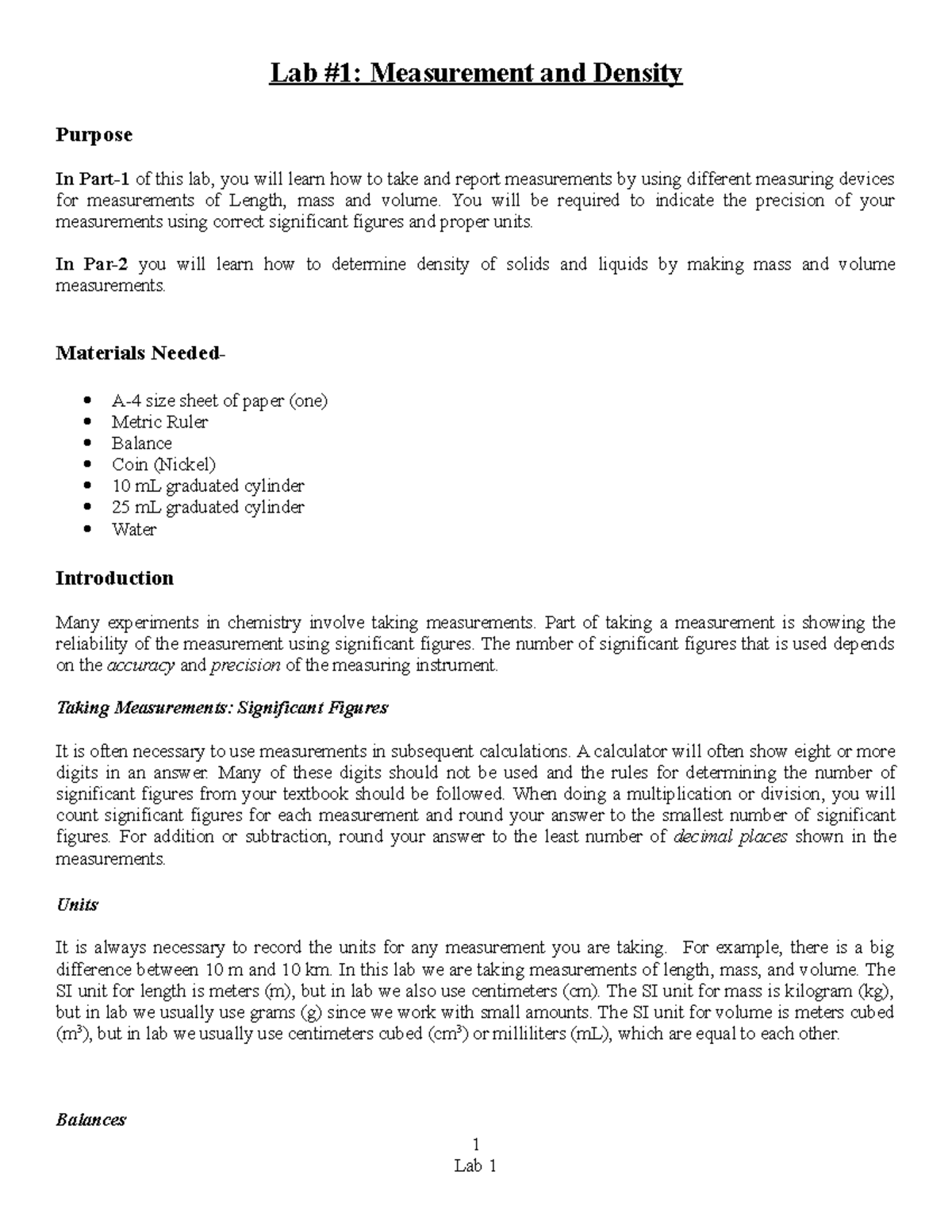 Chem Lab 1 - Measurements and Density Analysis - Studocu