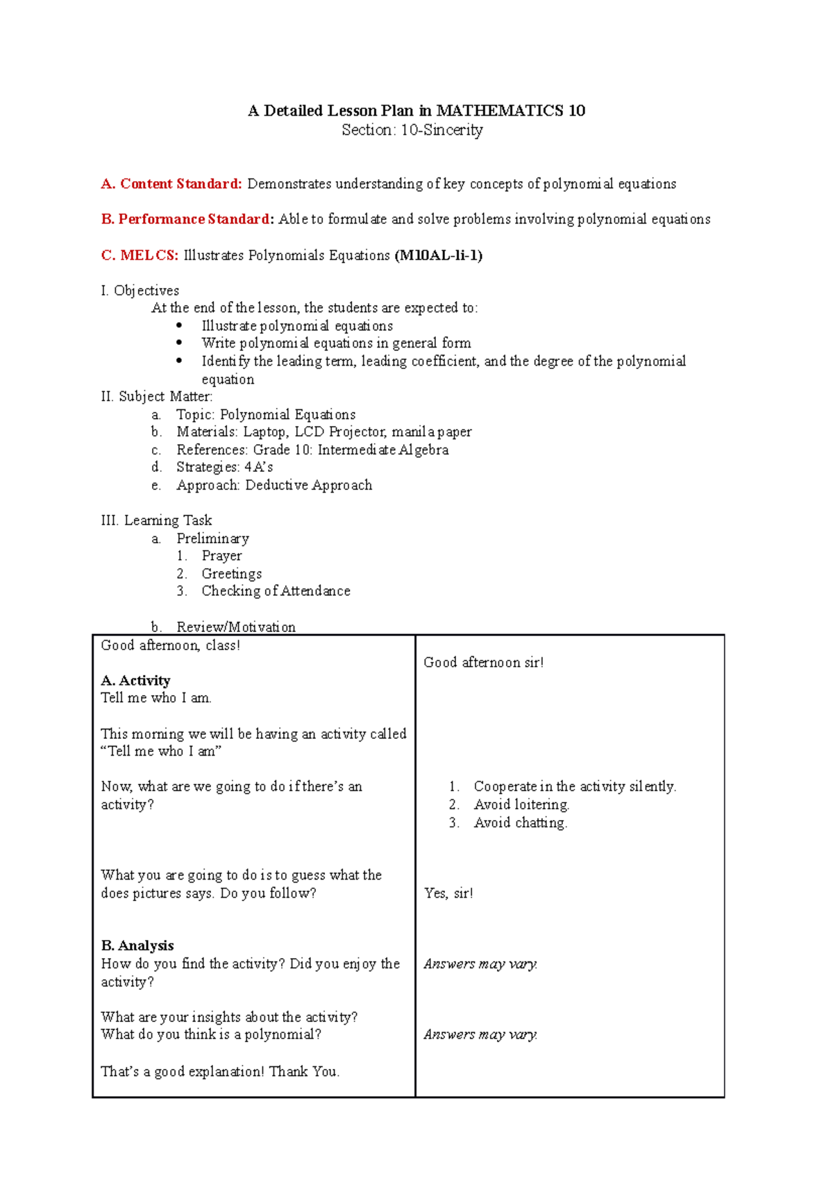 Detailed Lesson Plan in MATH 10: Polynomial Equations - Studocu