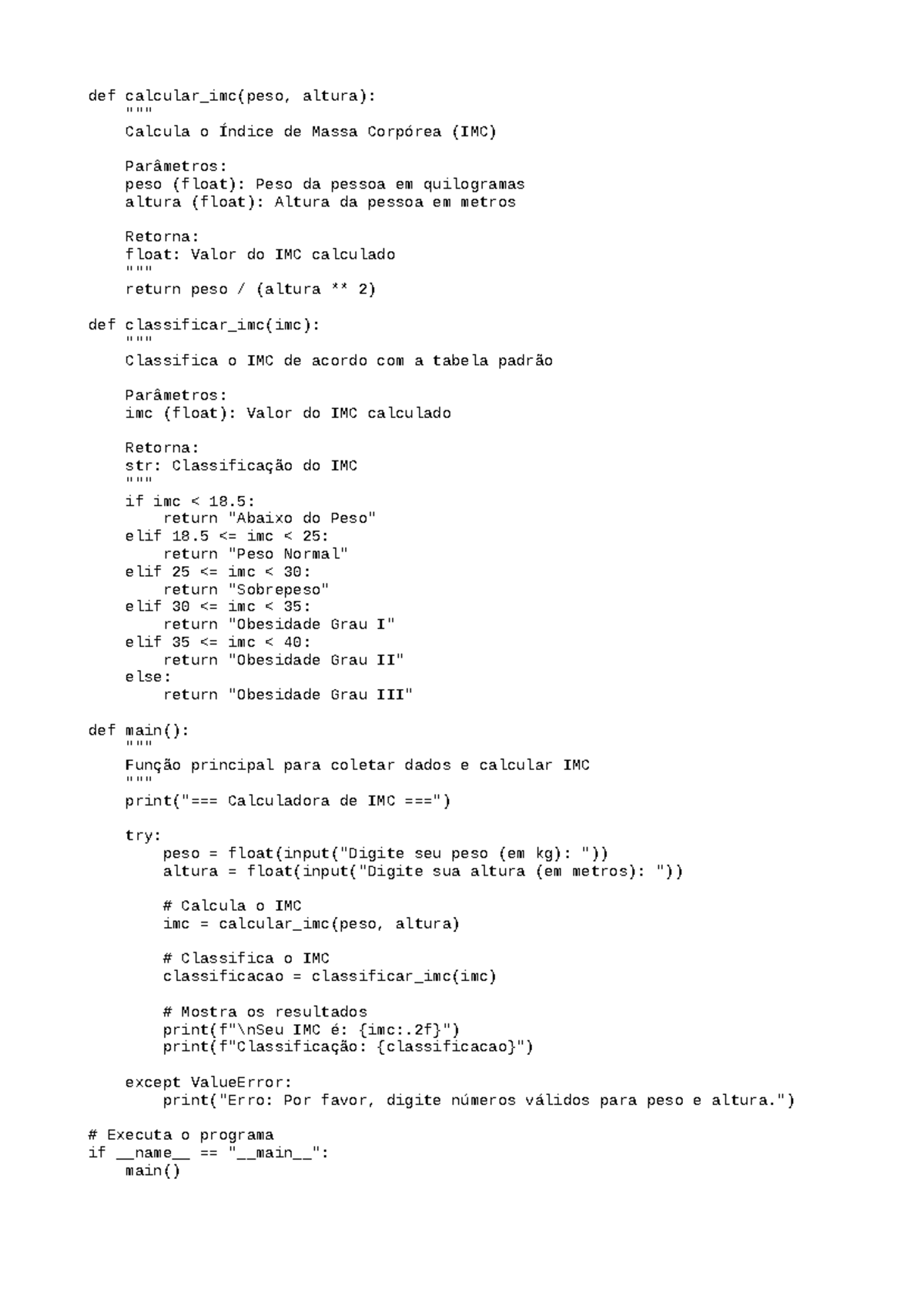Cálculo e Classificação do IMC em Python - Introdução e Métodos - Studocu