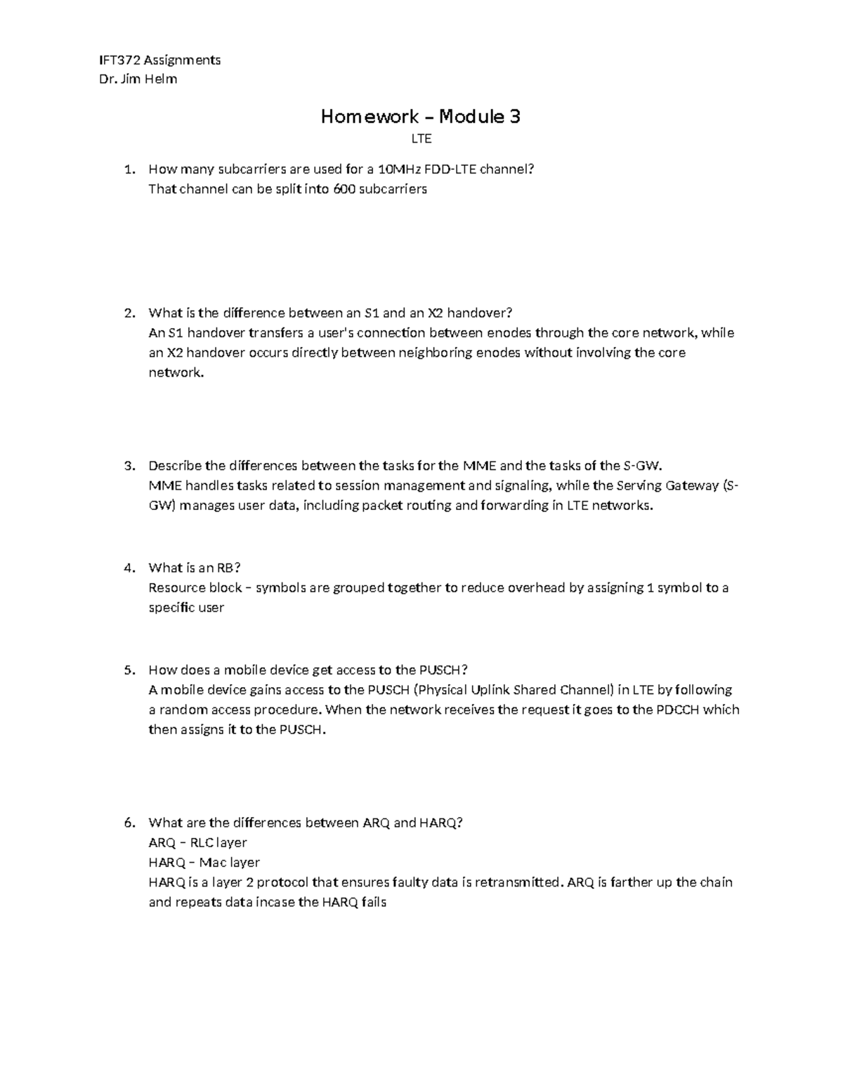 IFT372 Homework 3 - LTE Concepts and Technical Questions - Studocu