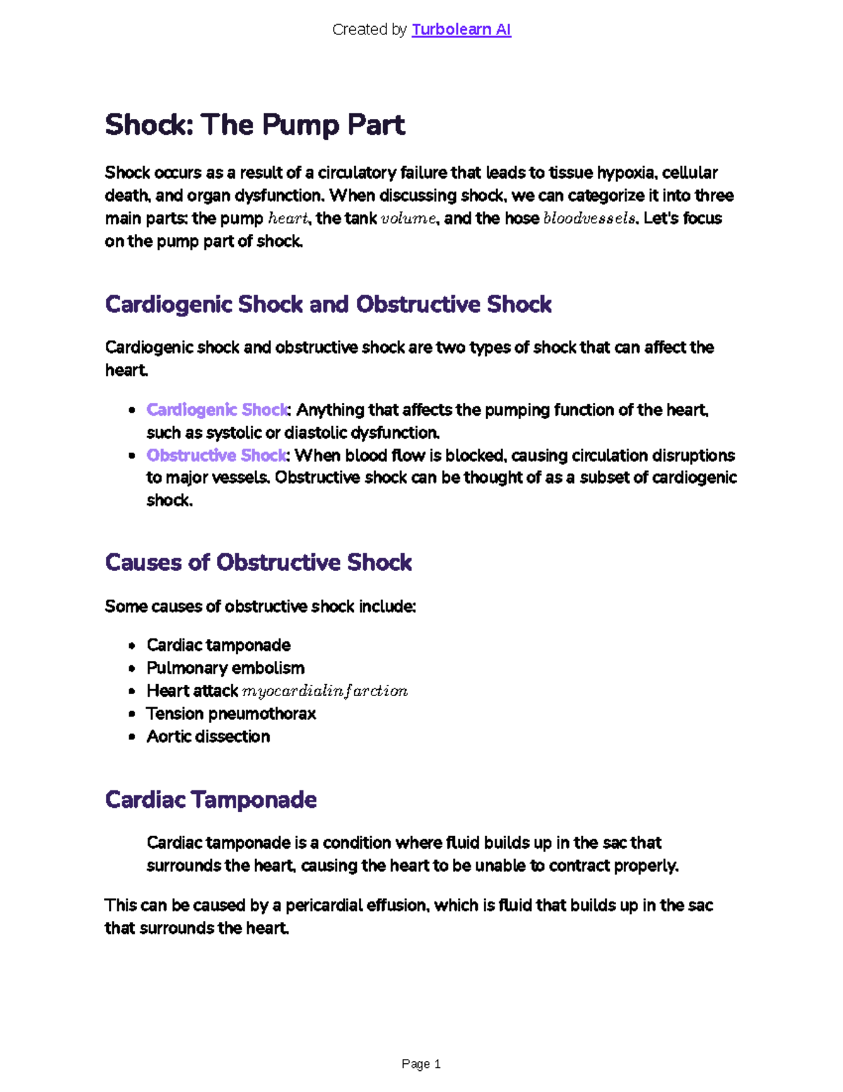 Shock SG - Cardiogenic, Obstructive & Hypovolemic Shock Study Guide ...