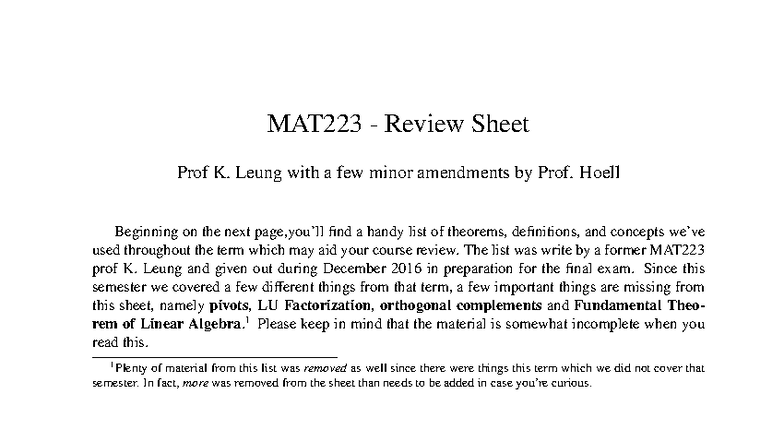 MAT223 Final Exam Review Sheet: Key Theorems & Concepts - Studocu