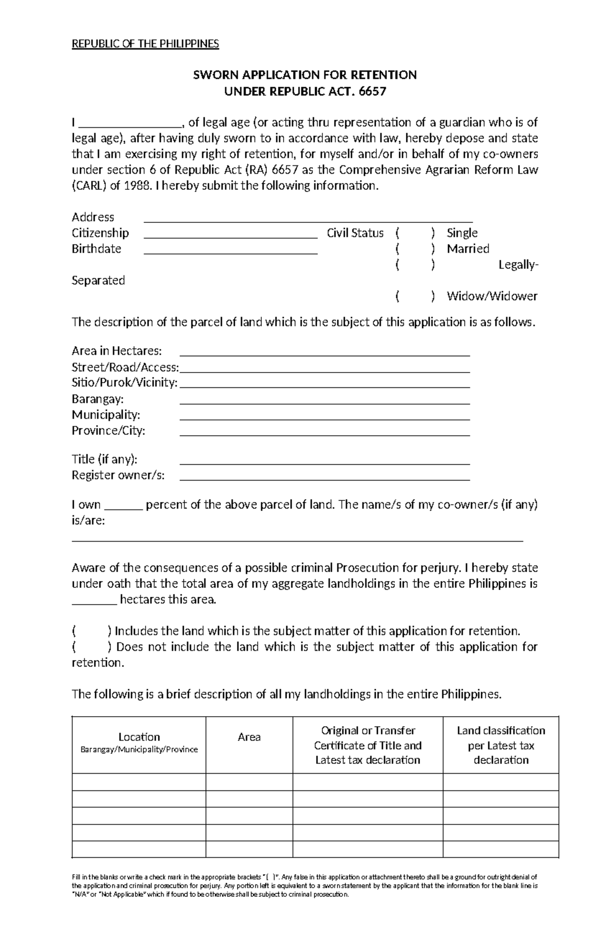 Sworn Application for Retention under RA 6657 - Form Template - Studocu