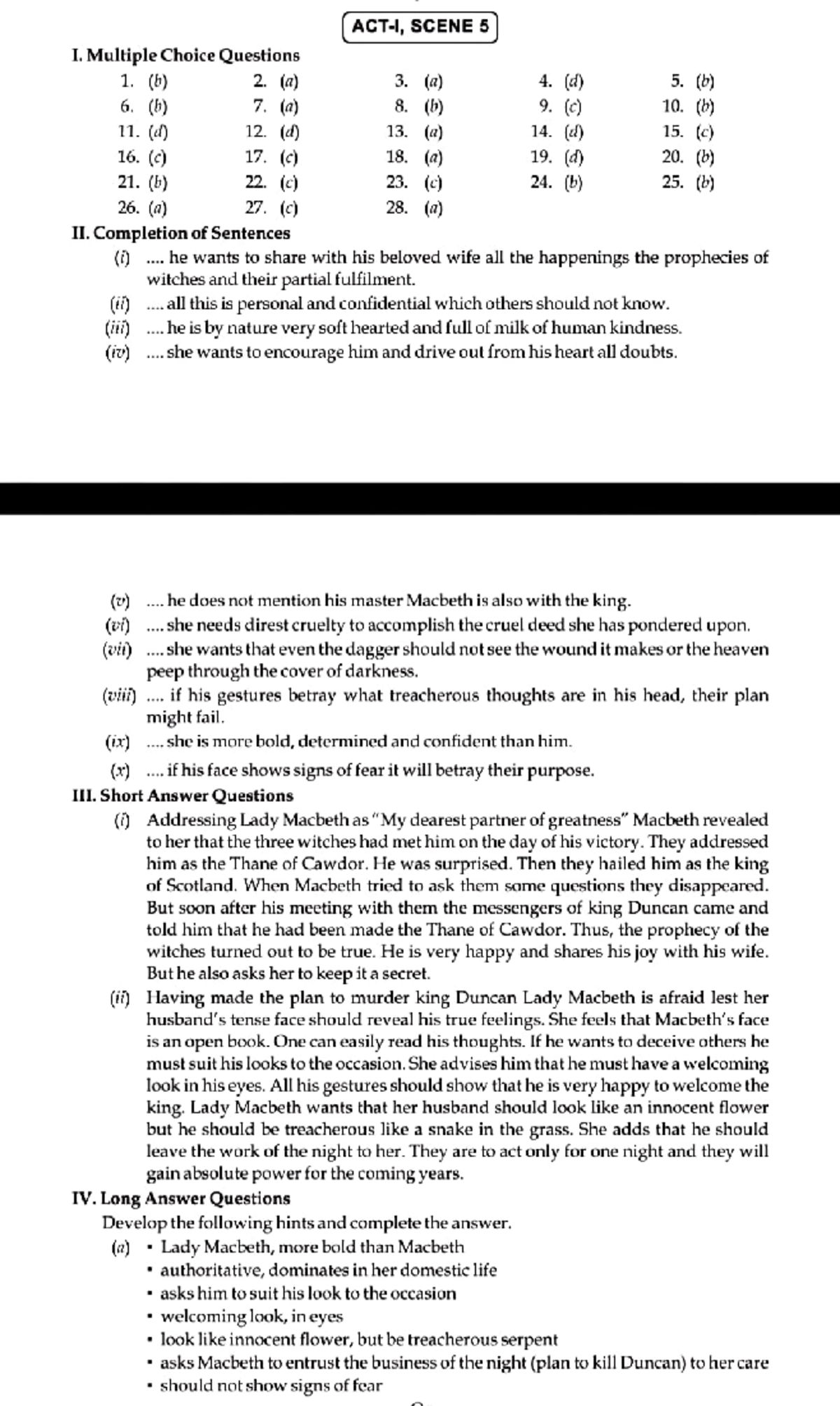 Macbeth Act 1: Scene 5, 6, and 7 - MCQs, Completions & Short Answers ...