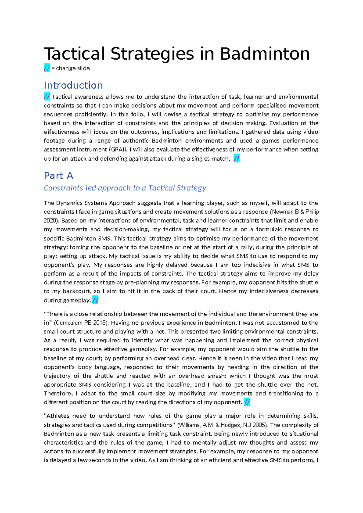 IA1 PE - Tactical Strategies in Badminton Performance Evaluation - Studocu