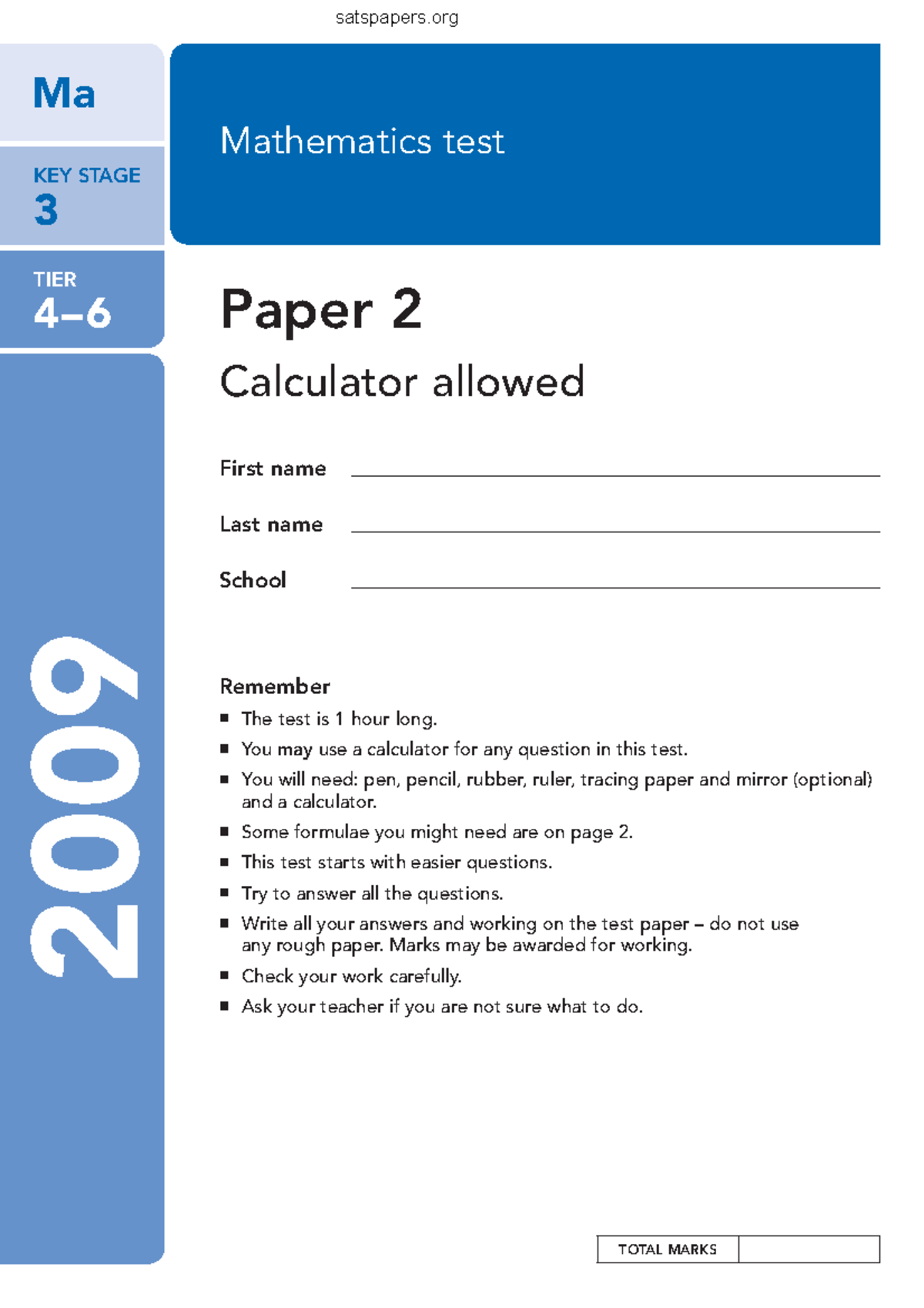2009 KS3 Maths - Paper 2 - Levels 4-6-8 Test Review Guide - Studocu