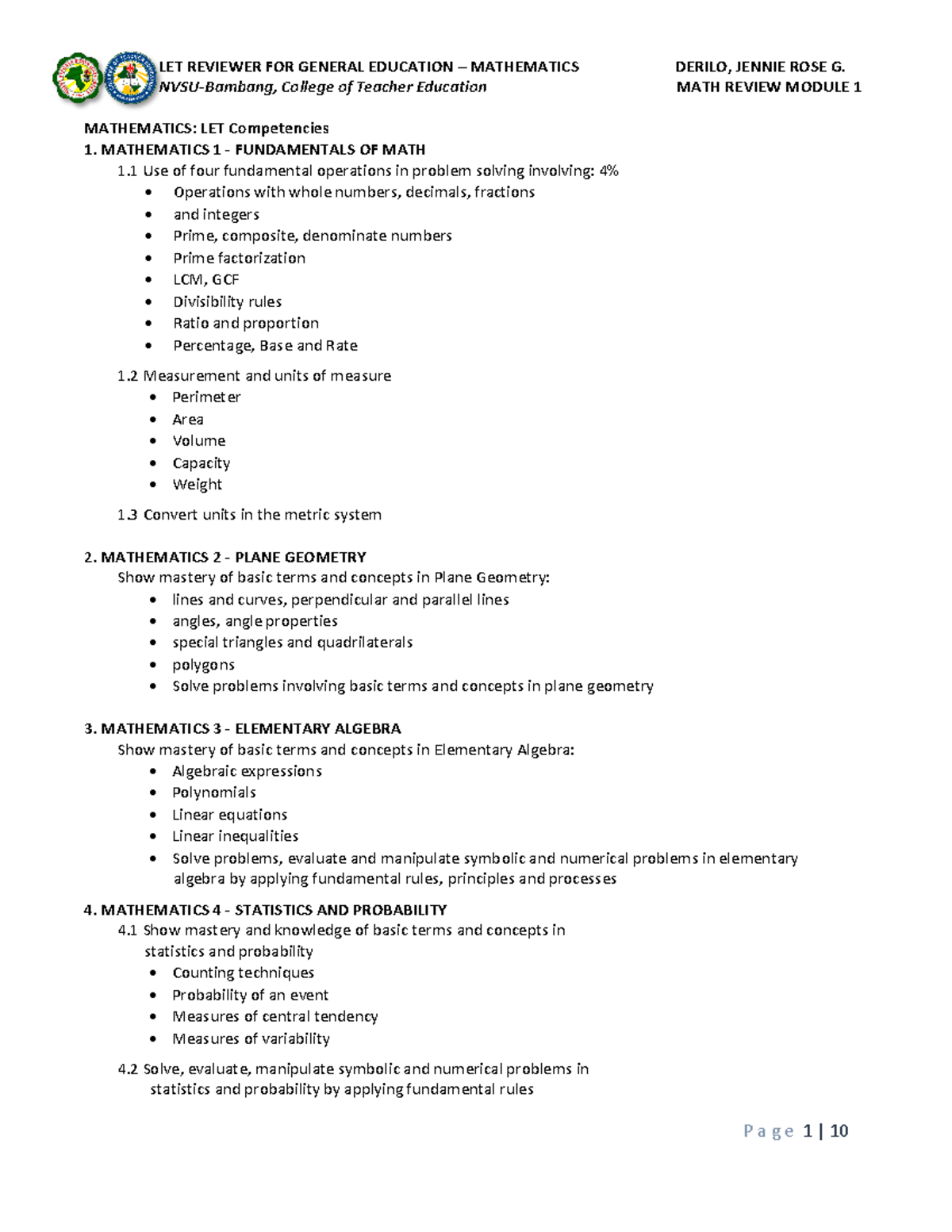 MATH 1 - Comprehensive Mathematics Reviewer for LET Competencies - Studocu