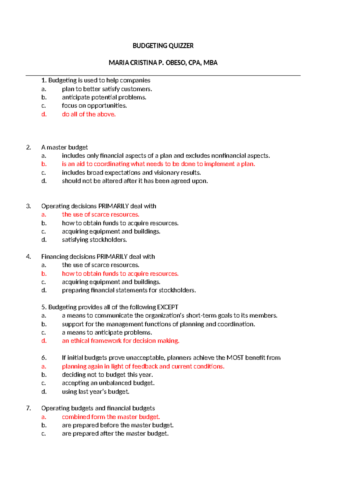 Budgeting Quiz - Study Guide for ACC101 Final Exam - Studocu