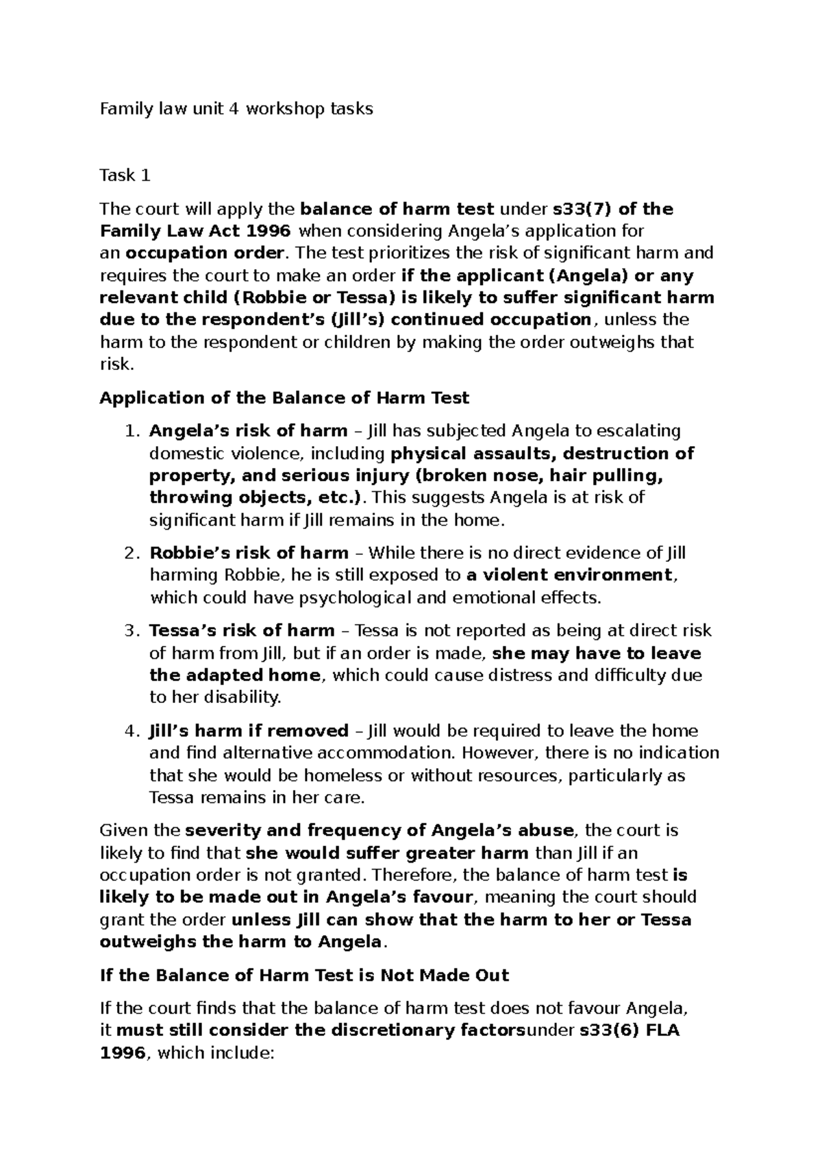 Family Law Unit 4: Workshop Tasks on Occupation Orders & FMPOs - Studocu