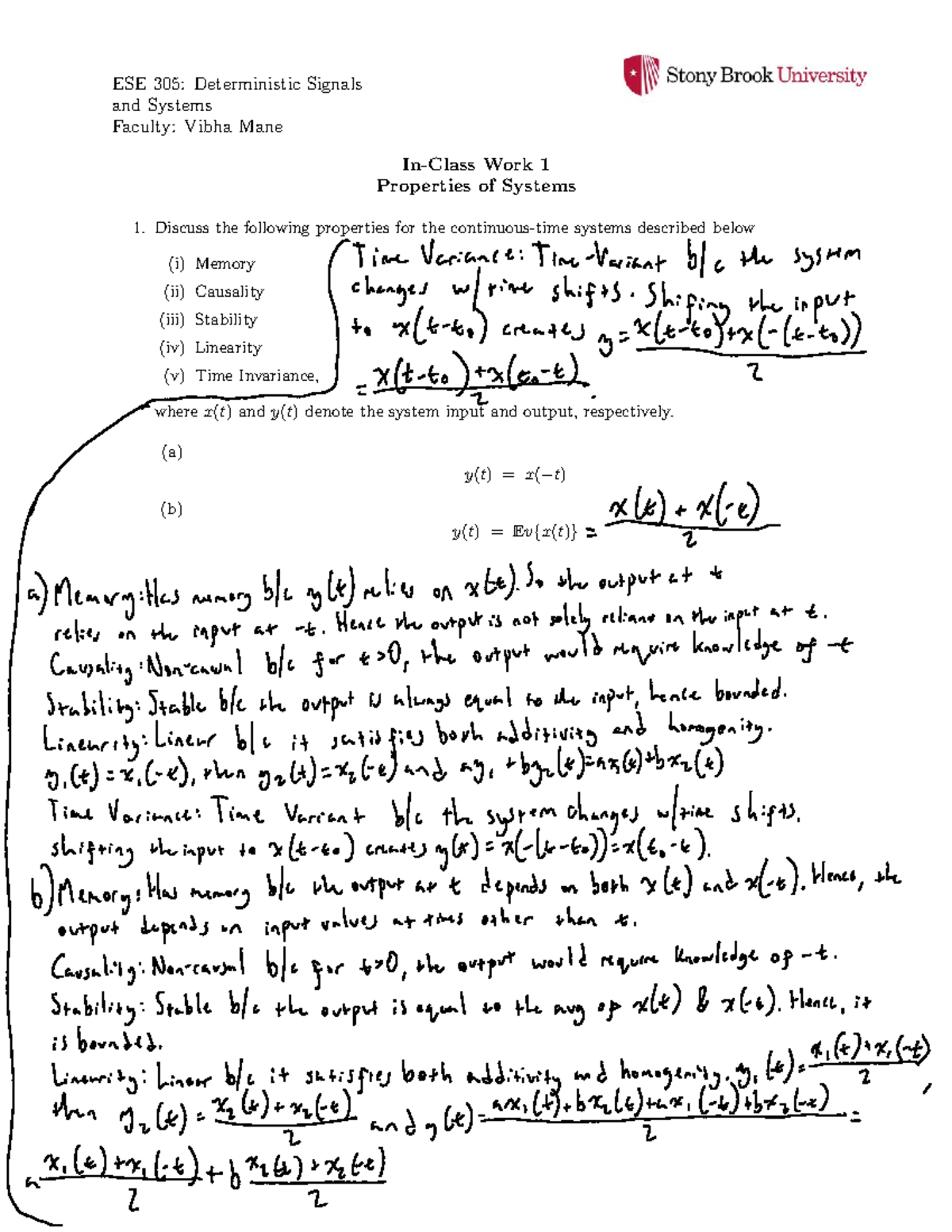 In Class Work 1 - ESE 305 - ESE 305: Deterministic Signals and Systems ...