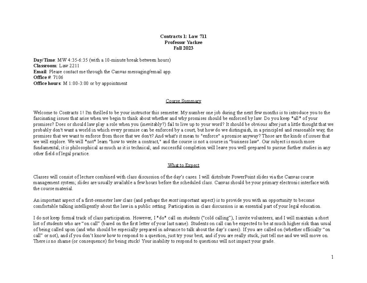 Contracts 1 Syllabus - Law 711, Fall 2023, Professor Yackee - Studocu