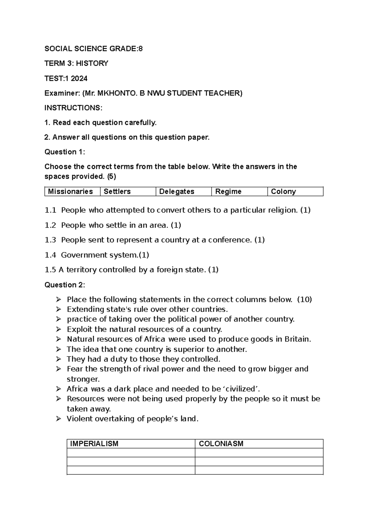Grade 8 Social Science Test 1: Term 3 History (2024) - Studocu