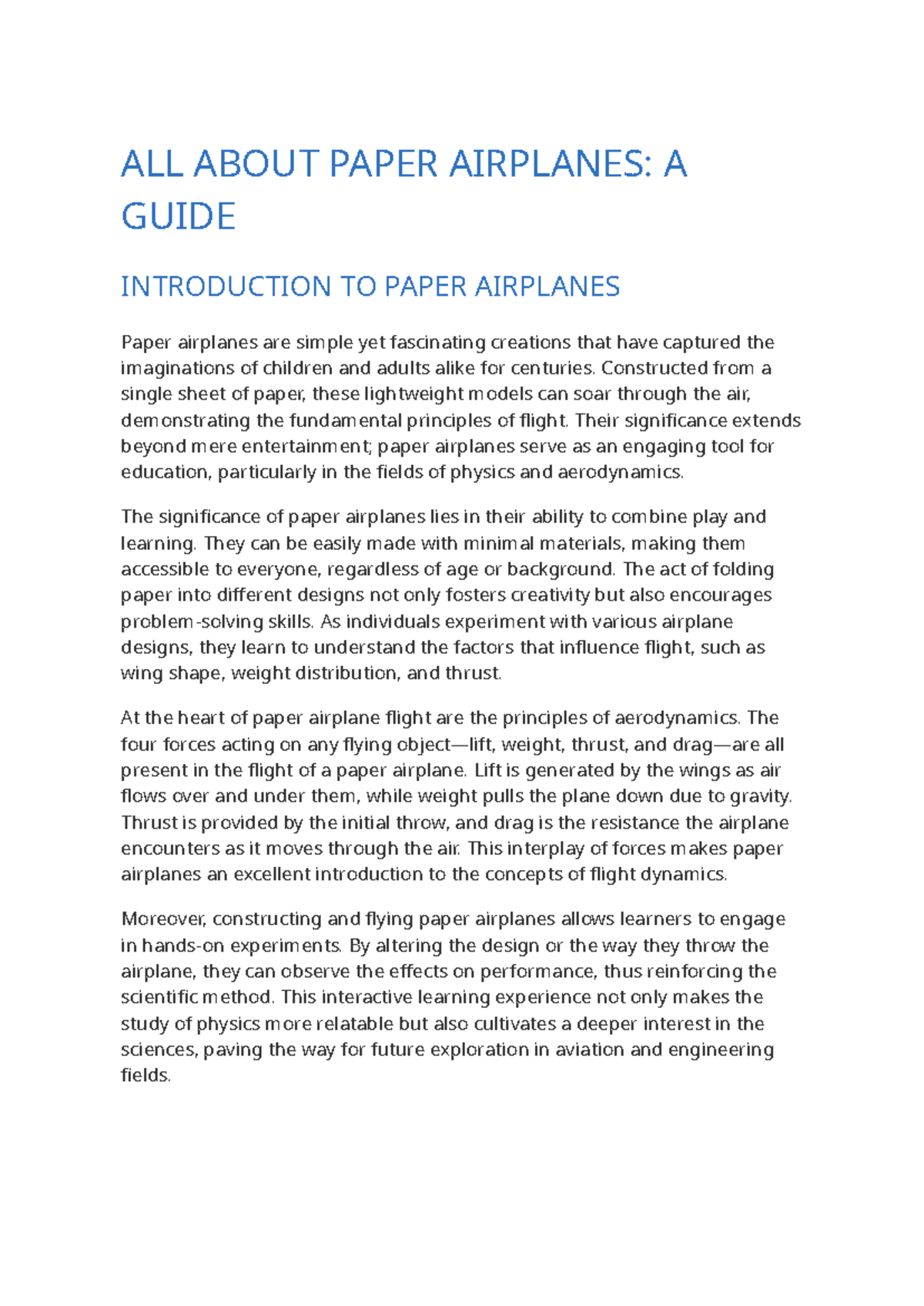 Paper Airplanes: A Complete Guide to Flight Principles & History - Studocu