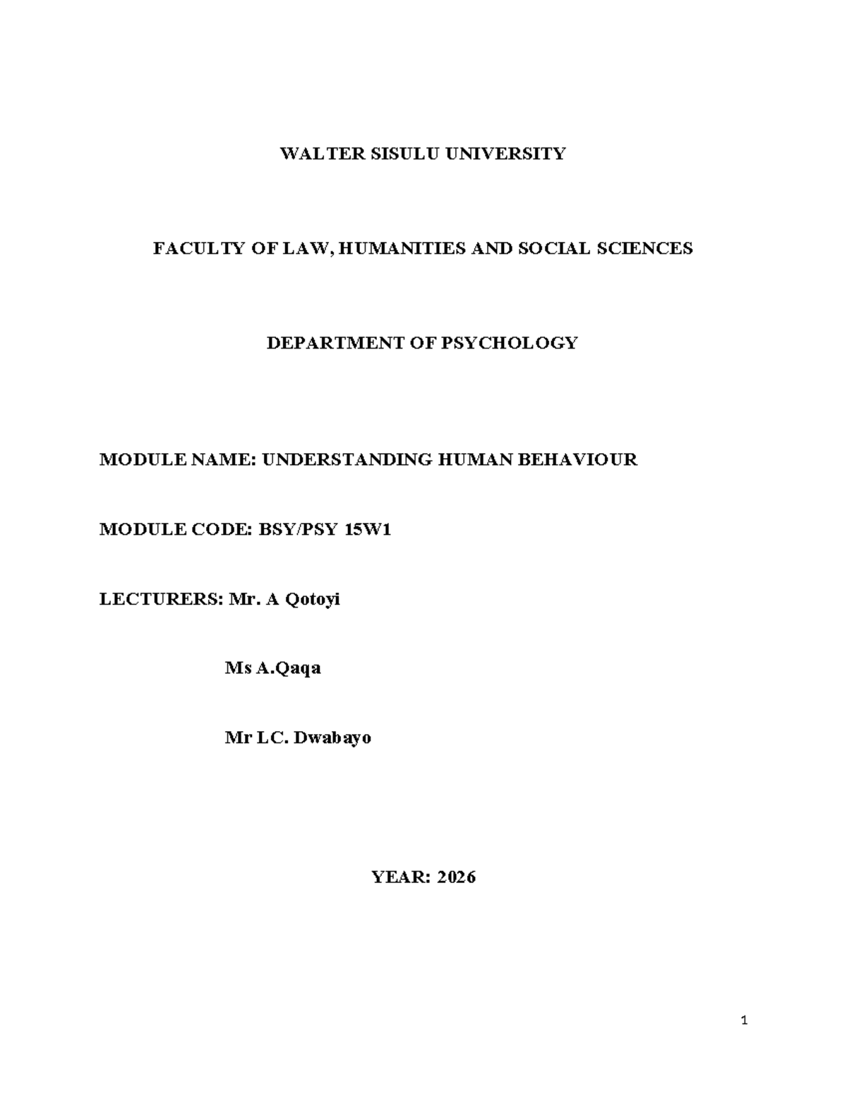 BSY15W1 PSY15W1 Understanding Human Behavior: Key Concepts and Theories ...