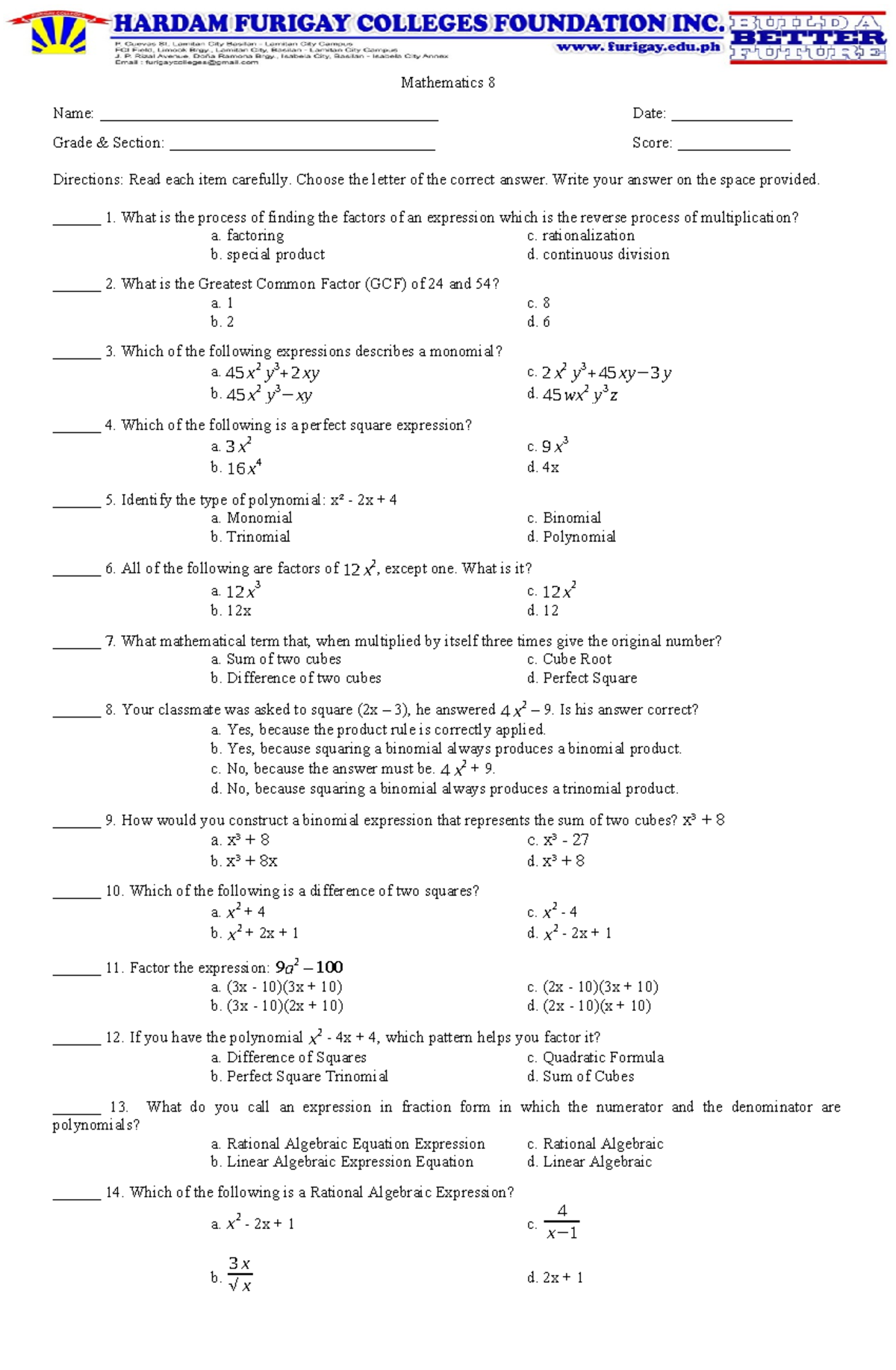 Mathematics 8 - Test Review and Practice Questions - Studocu